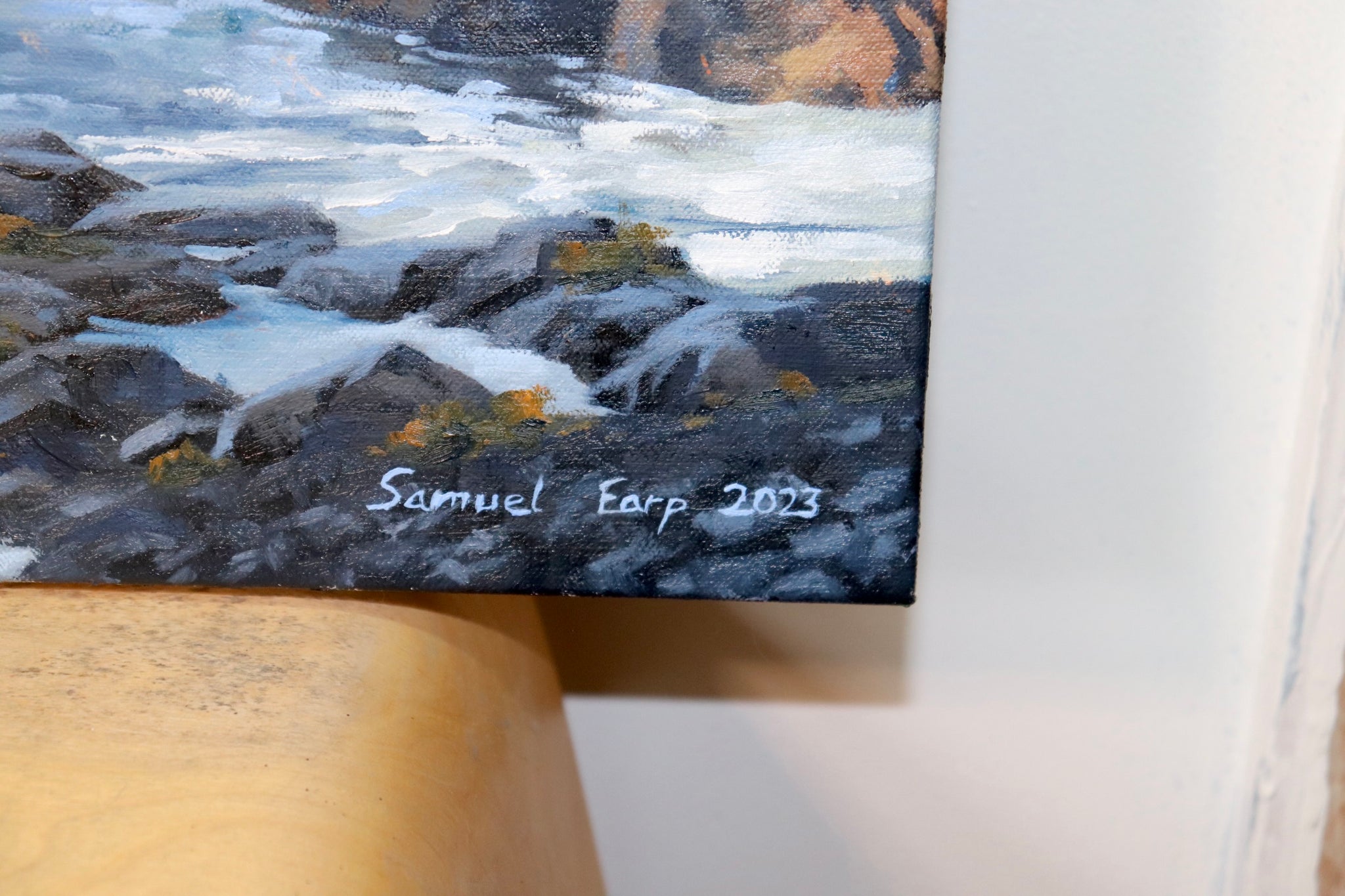 Rocky Shore and Crashing Waves | Original Oil Painting | 20″ x 20″ – Samuel Earp Fine Art